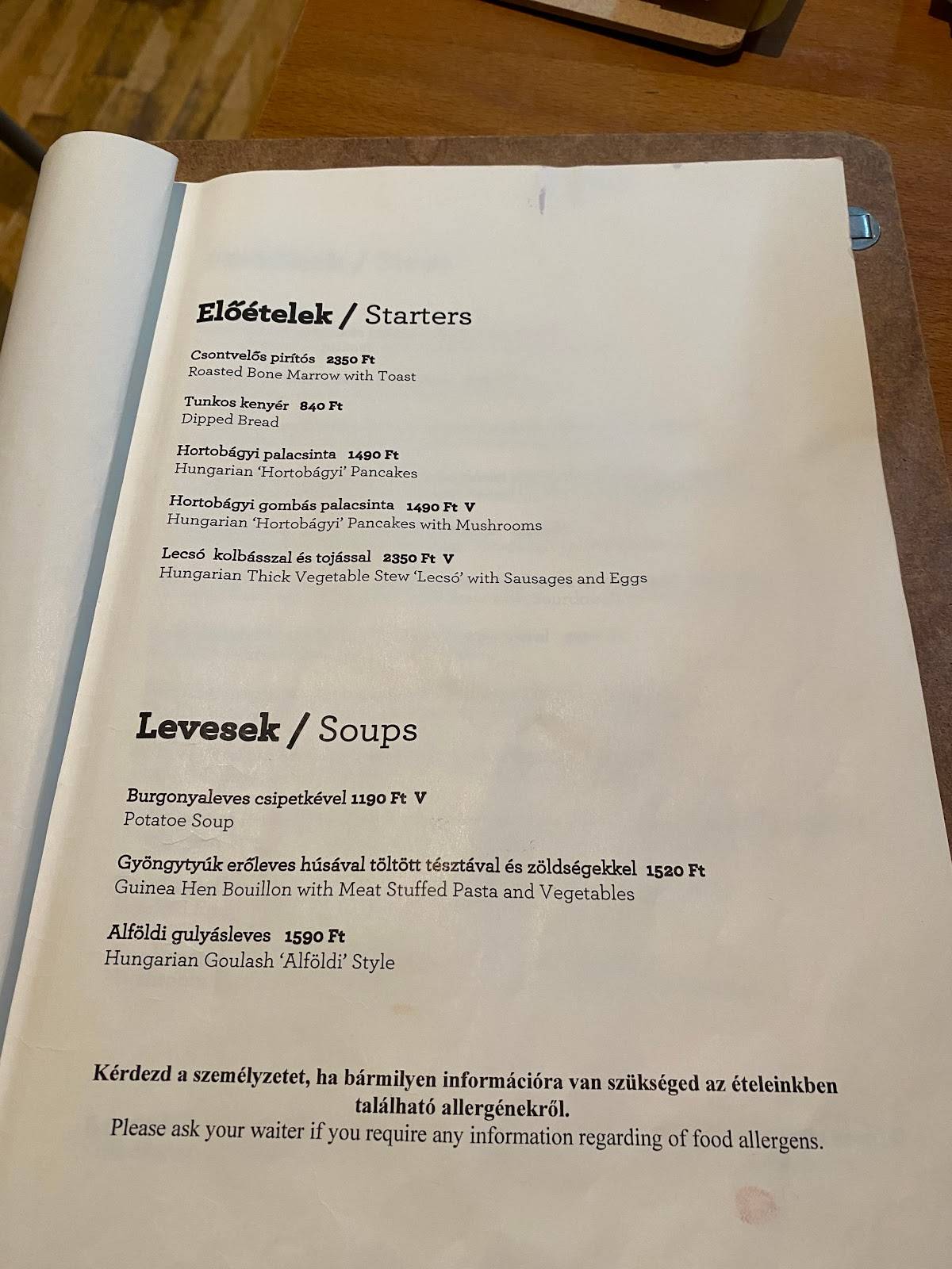 Menu at Gettó Gulyás restaurant, Budapest