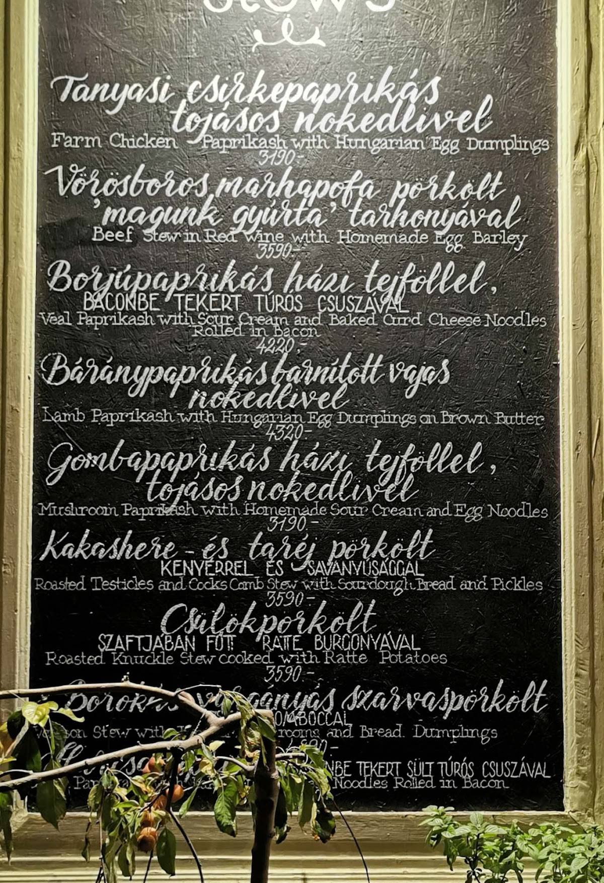 Menu at Gettó Gulyás restaurant, Budapest