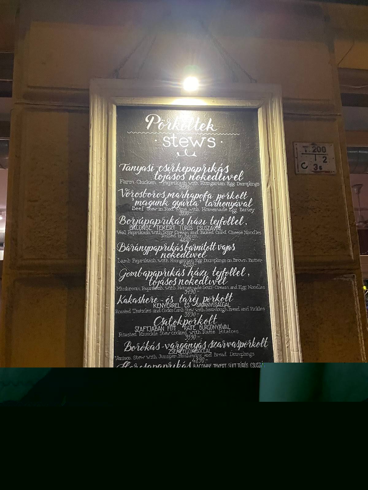 Menu at Gettó Gulyás restaurant, Budapest