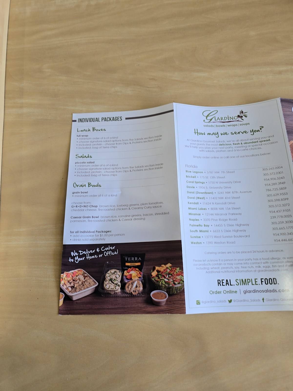 Menu at Giardino Gourmet Salads restaurant, Miami, NW 7th St