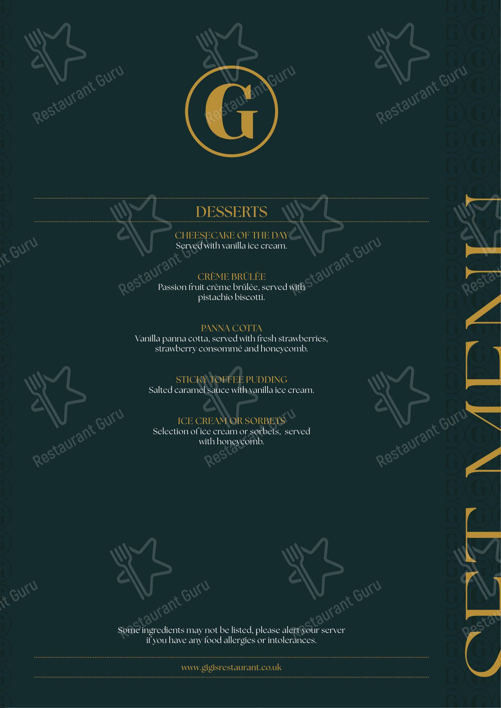 Menu at Gigi's Italian Restaurant, Bonnyrigg