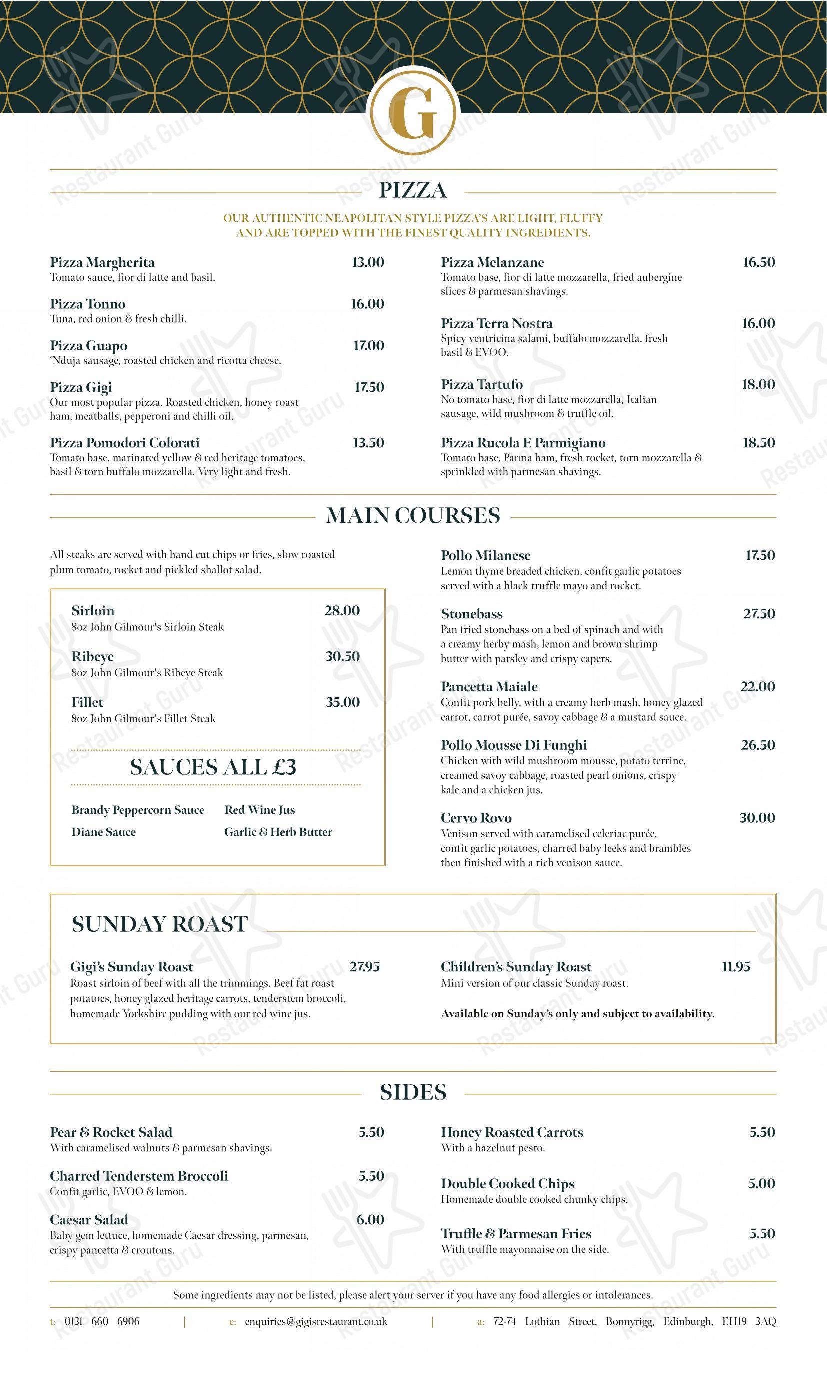Menu at Gigi's Italian Restaurant, Bonnyrigg