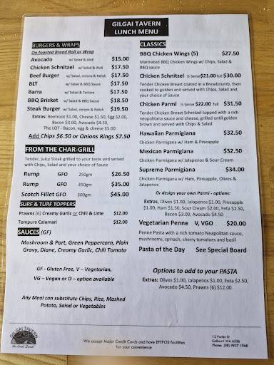 Menu at Gilgai Tavern pub & bar, Kalbarri
