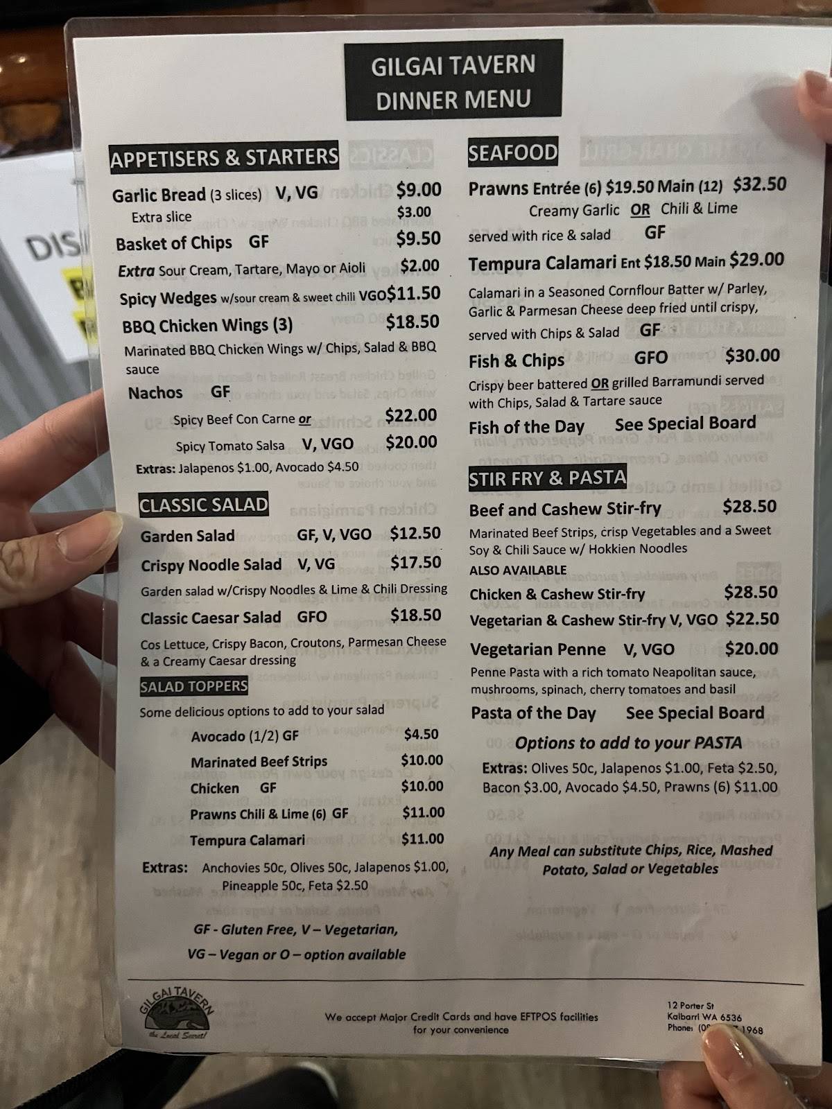 Menu at Gilgai Tavern pub & bar, Kalbarri