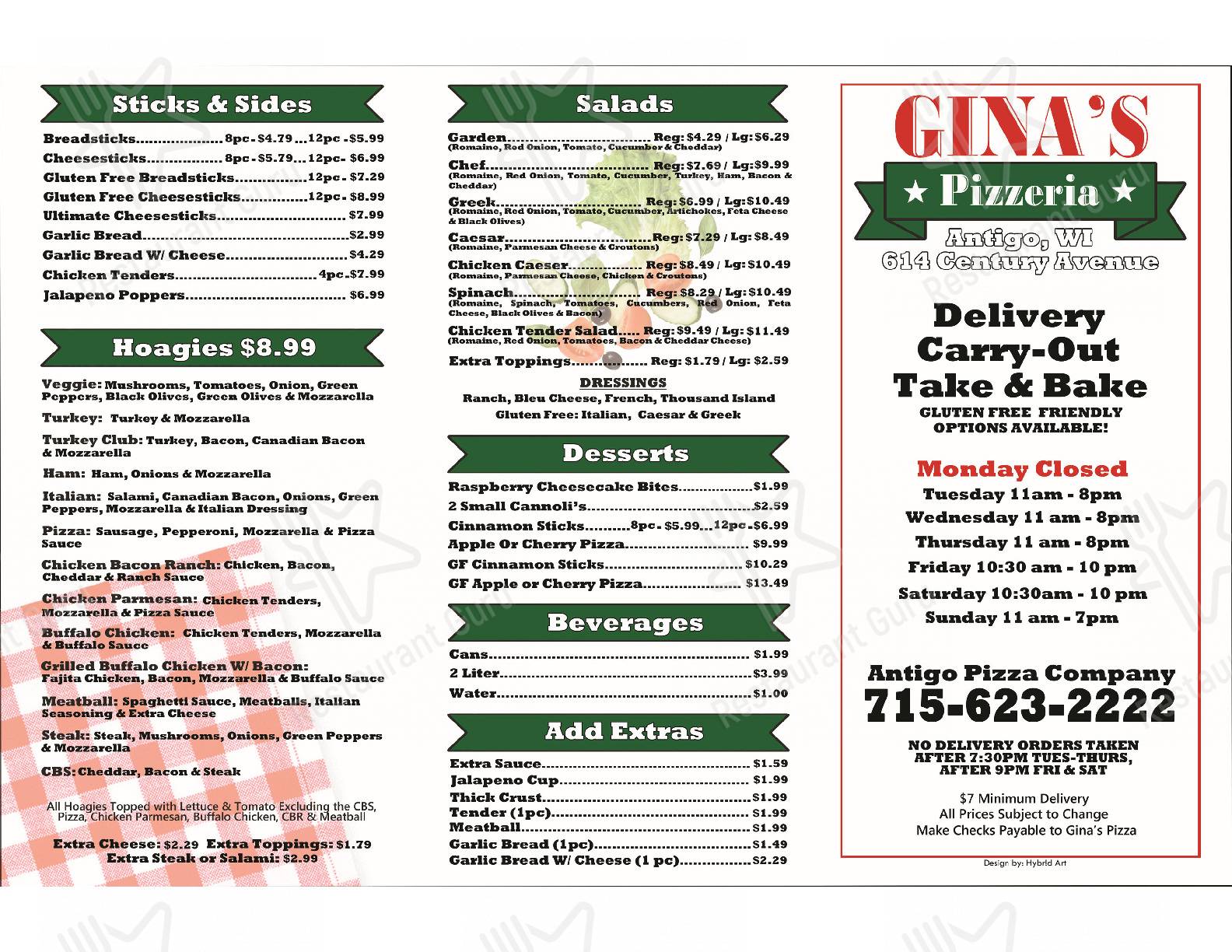 Menu at Gina's Pizzeria, Antigo