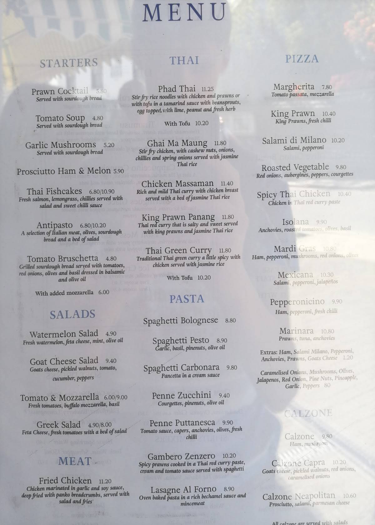 Menu at Gina's restaurant, Seaton