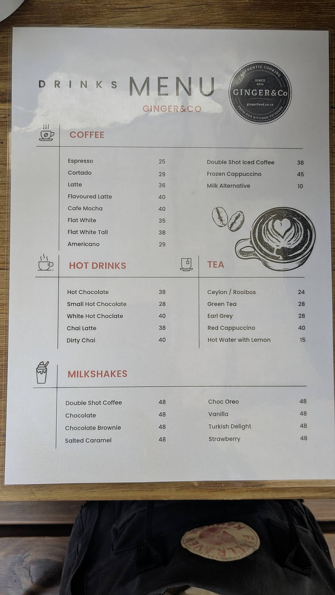 Menu at Ginger & Co cafe, East London
