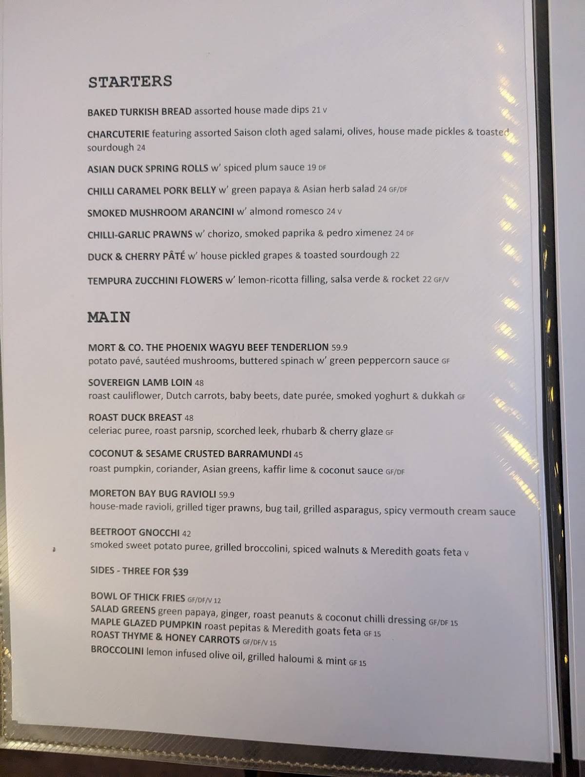 Menu at Gip's Restaurant, Toowoomba City