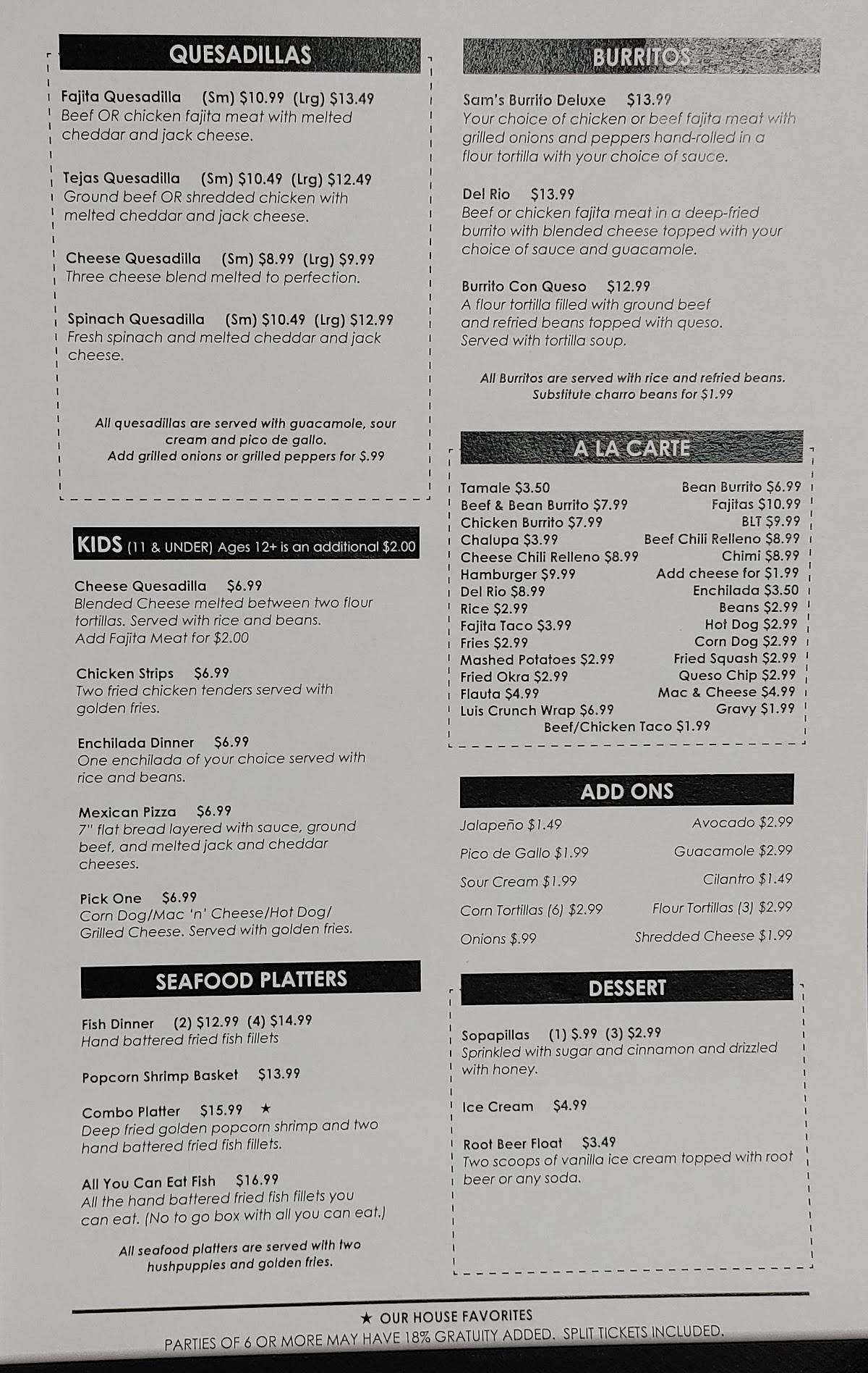 Menu at Tejas Cafe, Gladewater