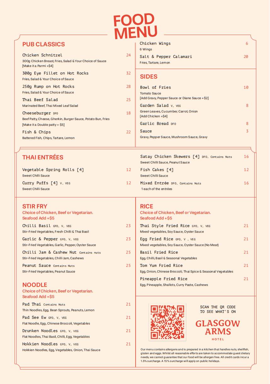 Menu at Glasgow Arms Hotel restaurant, Ultimo