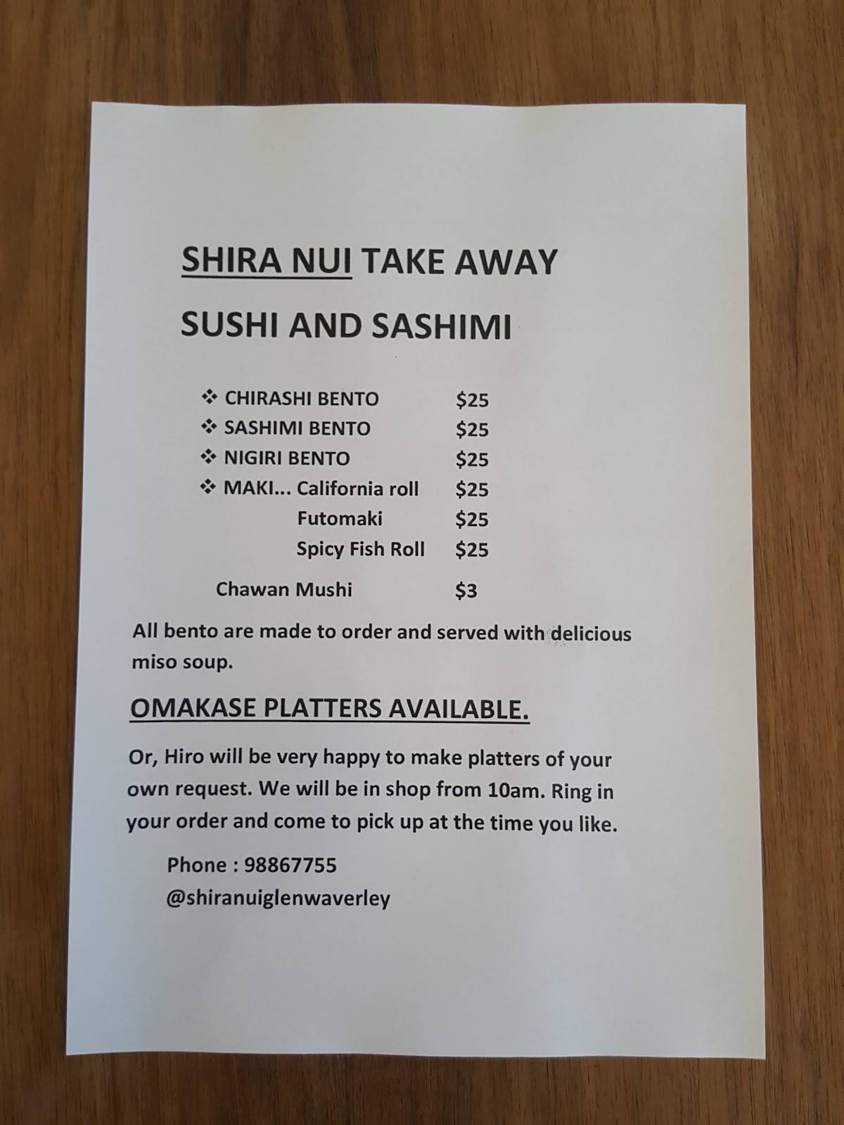 Menu at Shira Nui restaurant, Glen Waverley