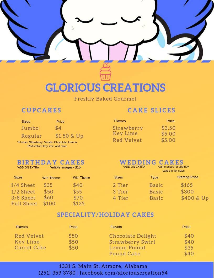 Menu at Glorious Creations, Atmore
