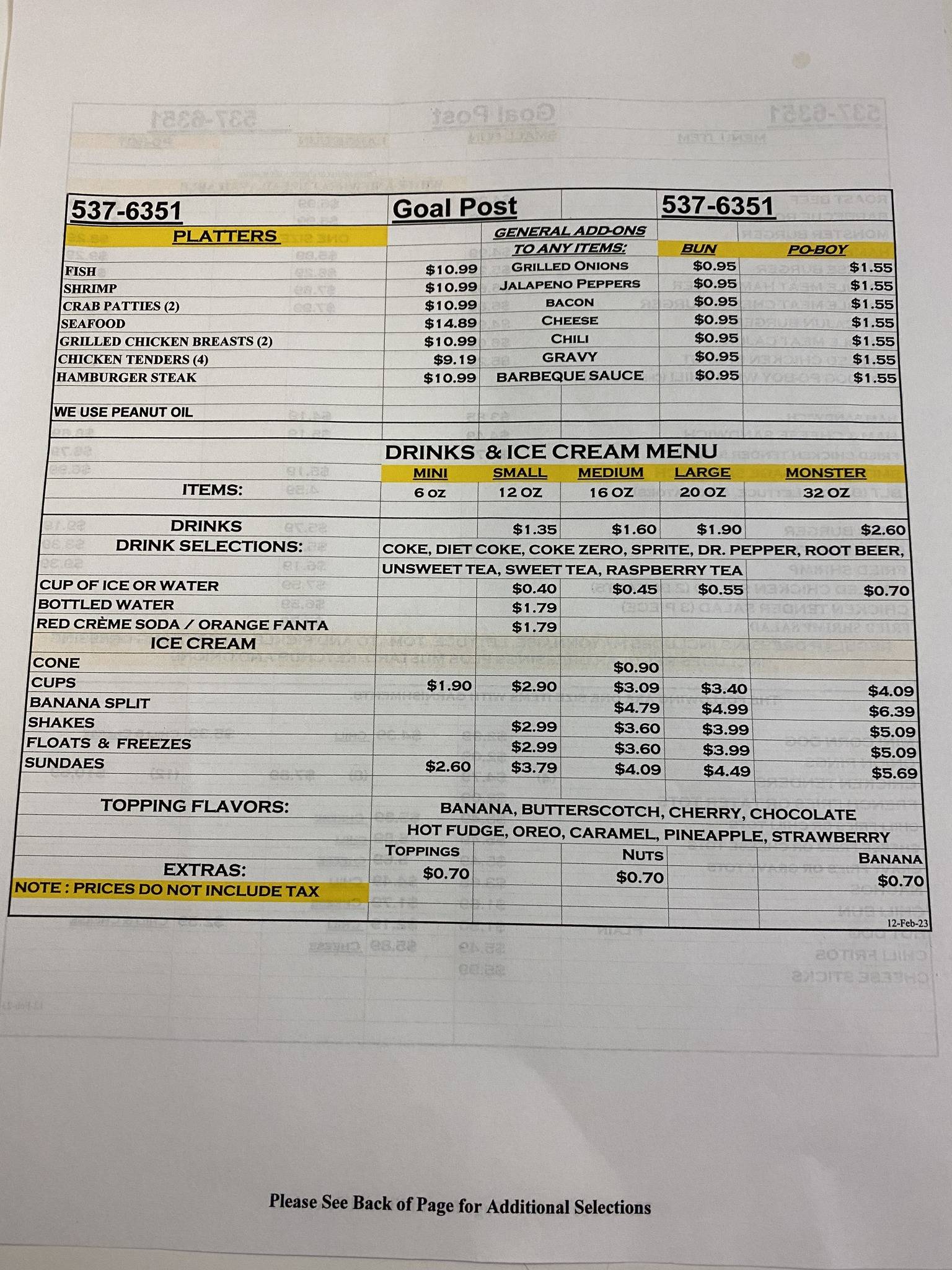 Menu at Goal Post Drive Inn restaurant, Raceland