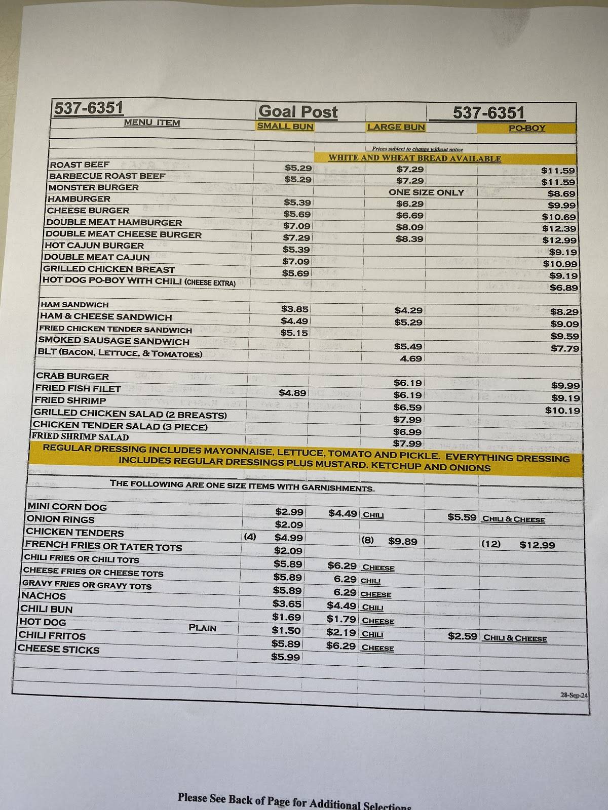 Menu at Goal Post Drive Inn restaurant, Raceland