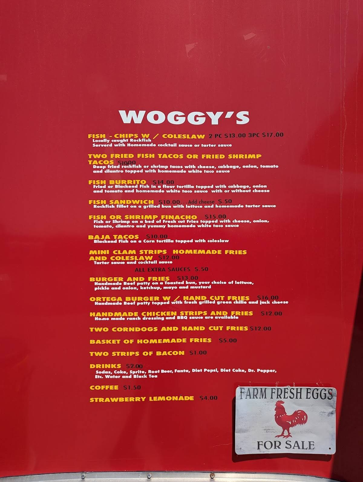 Menu at Woggy's Fish n Chips restaurant, Gold Beach