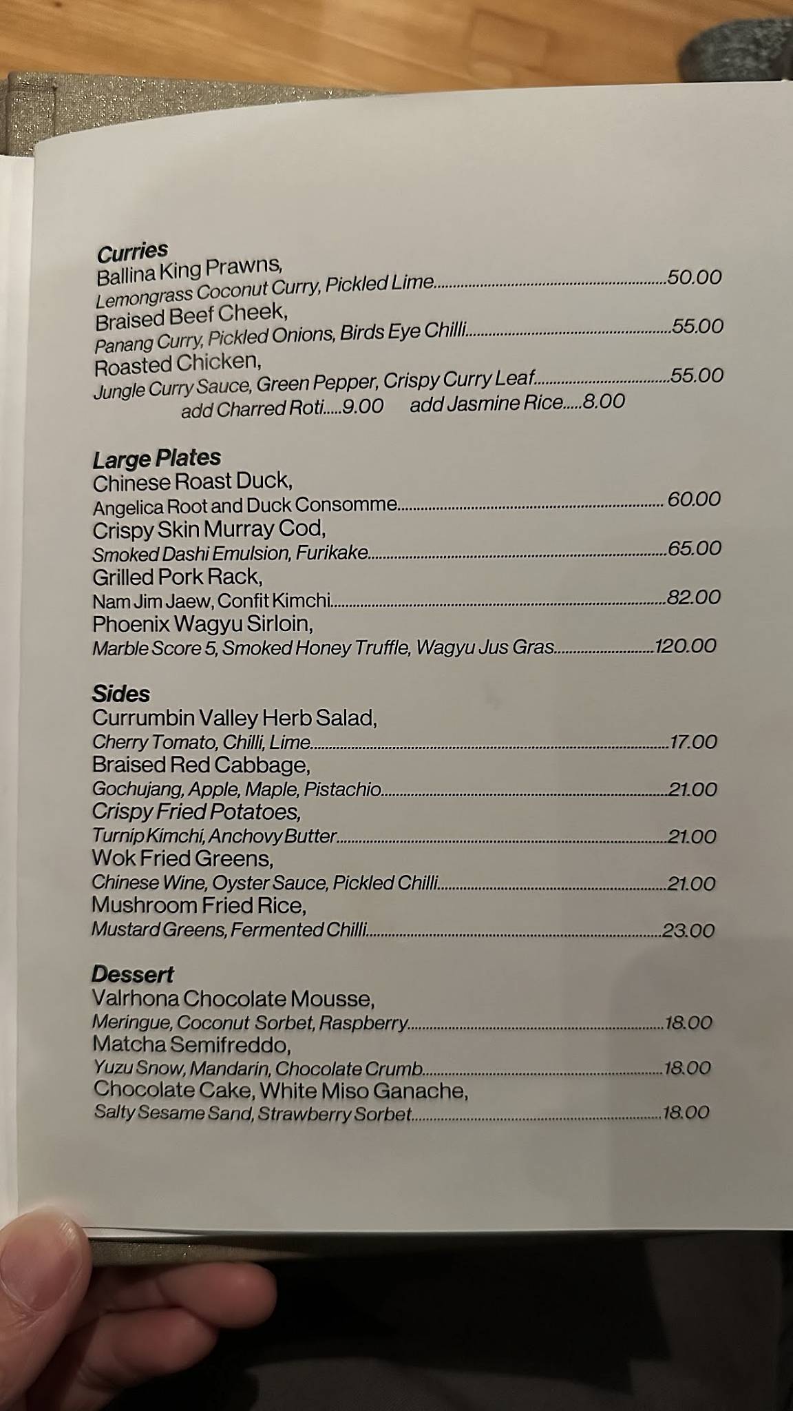 Menu at Rick Shores restaurant, Burleigh Heads