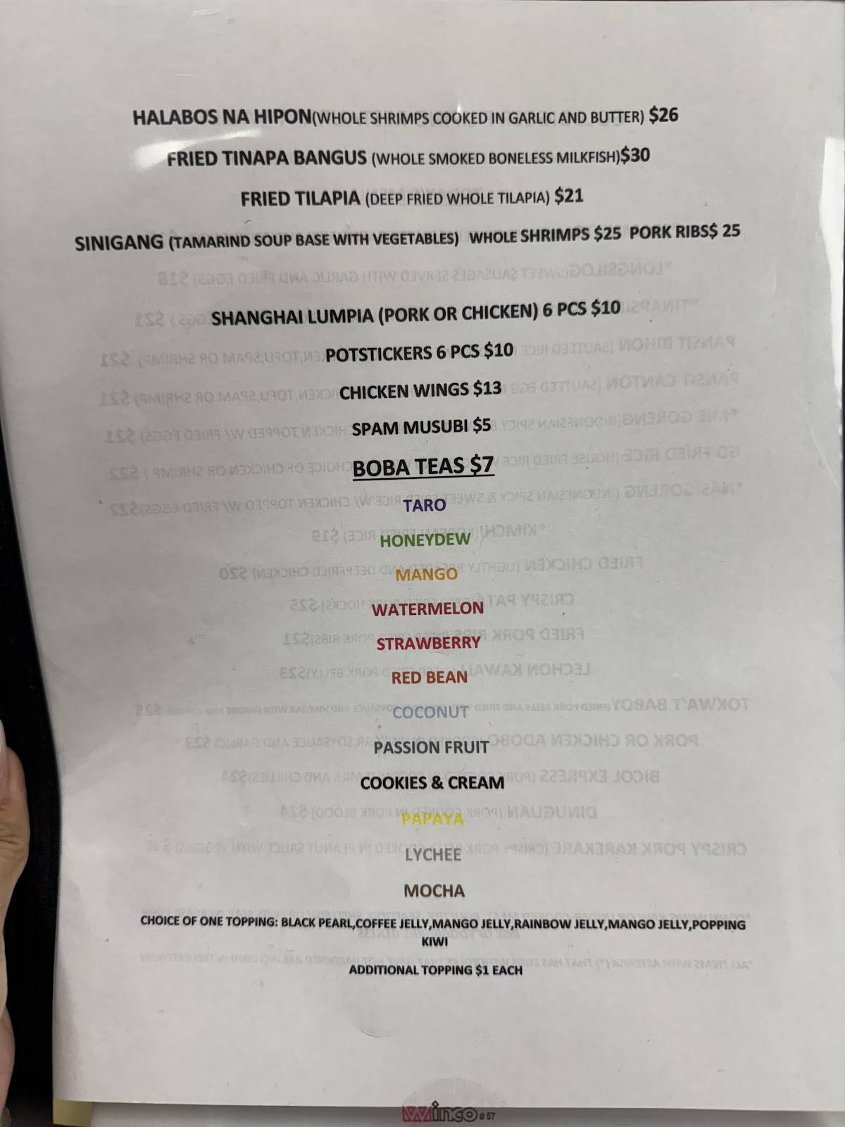 Menu at Gold Digger Filipino Restaurant, Juneau