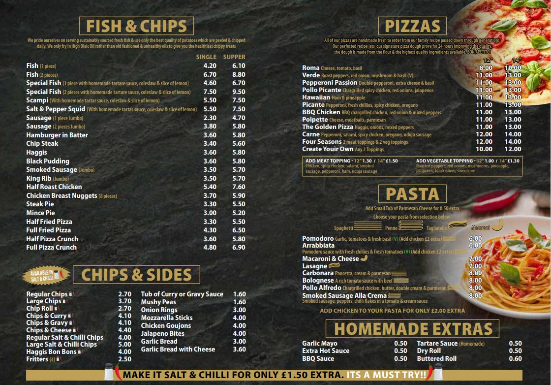 Carta del restaurante Golden Chip Glasgow, Glasgow