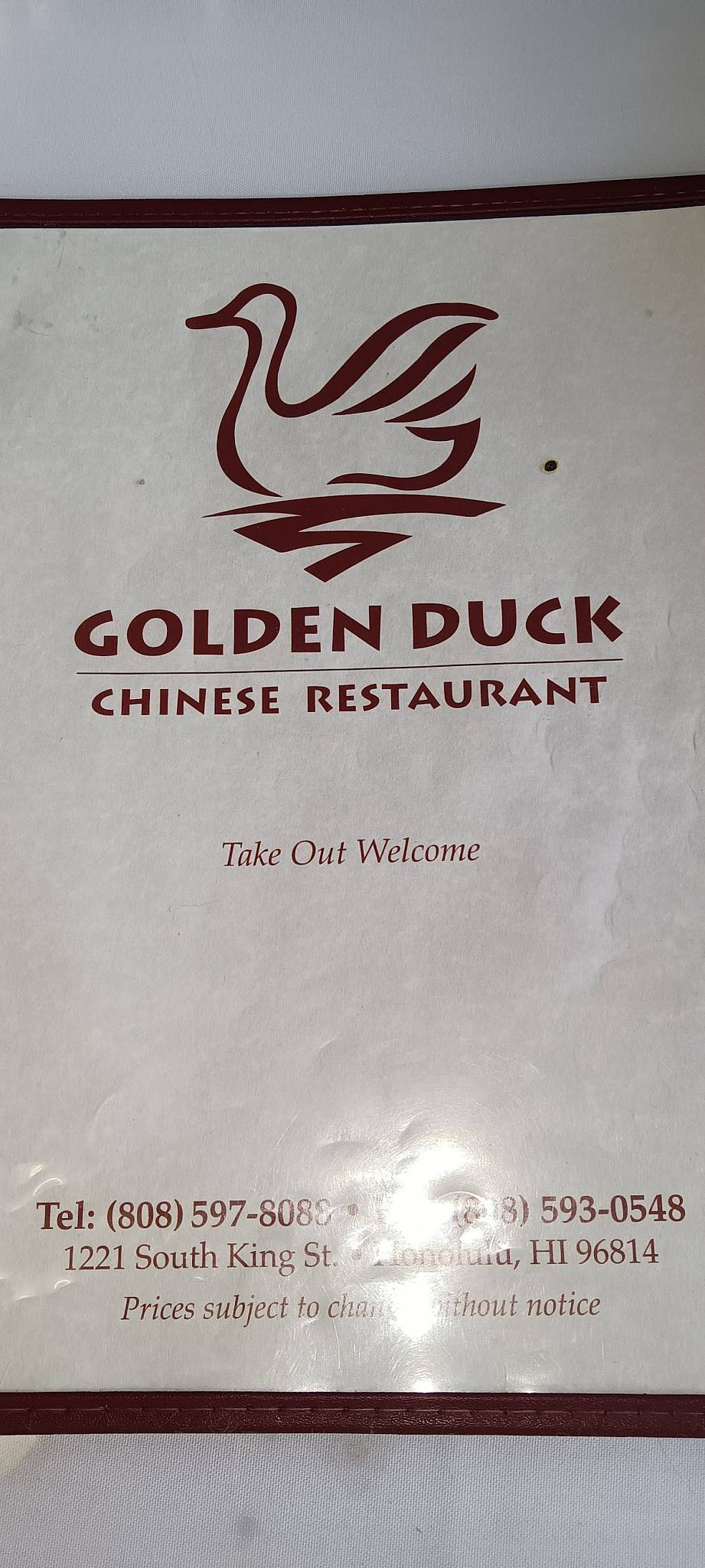Menu at Golden Duck Restaurant, Honolulu, S King St
