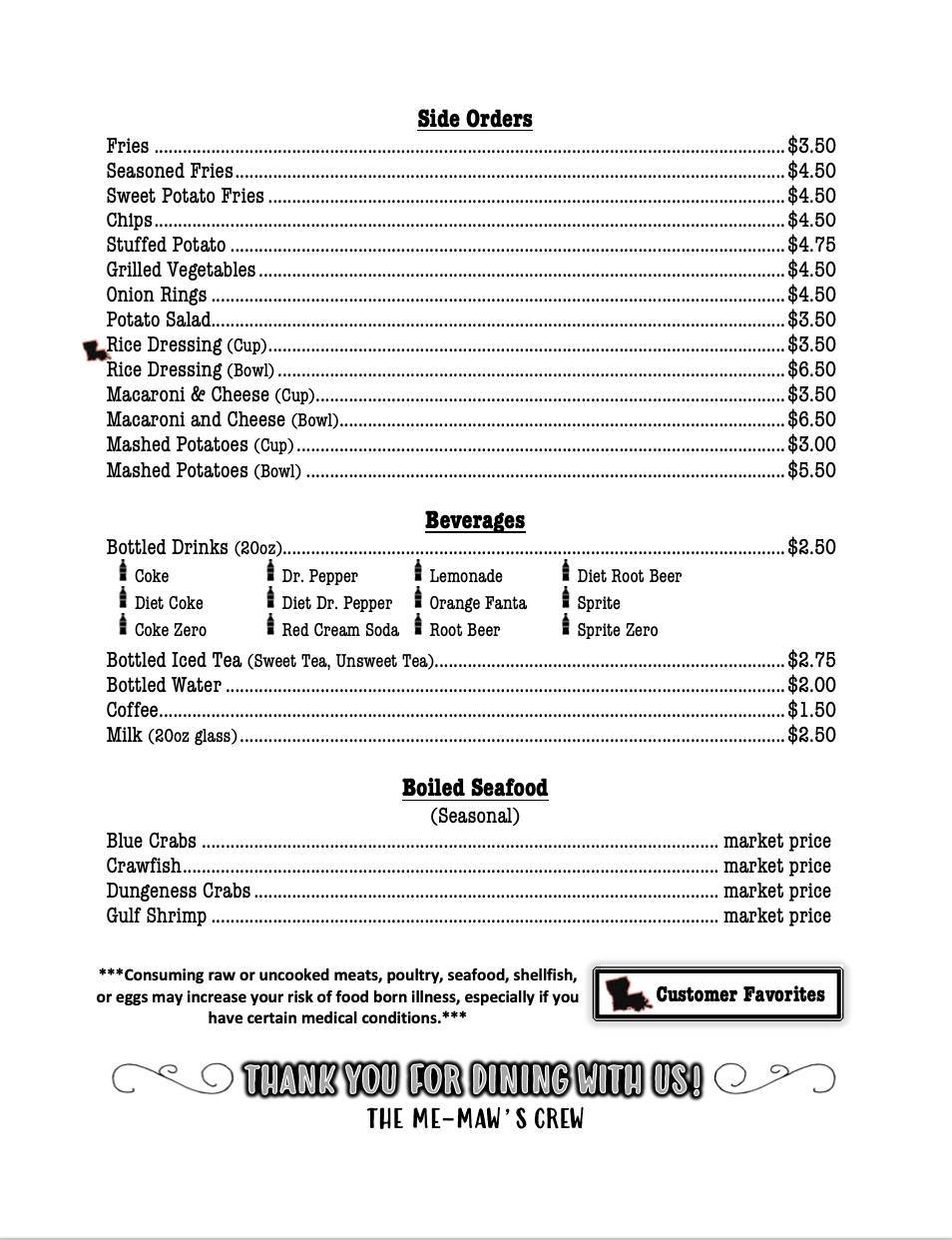Menu at Me-Maws Cajun Cuisine BBQ, Golden Meadow