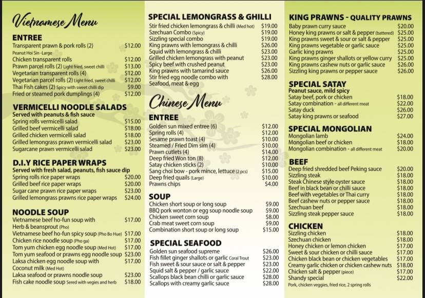 Menu at Golden Sun Chinese & Vietnamese Restaurant Capalaba, Capalaba