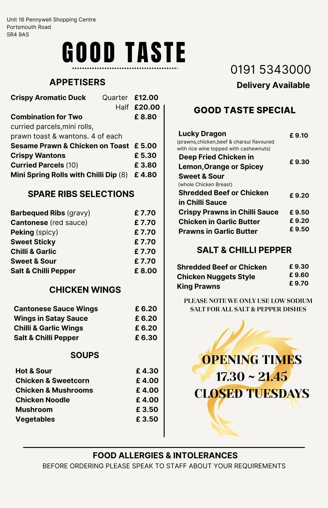 Menu at Good Taste Chinese Takeaway fast food, Sunderland