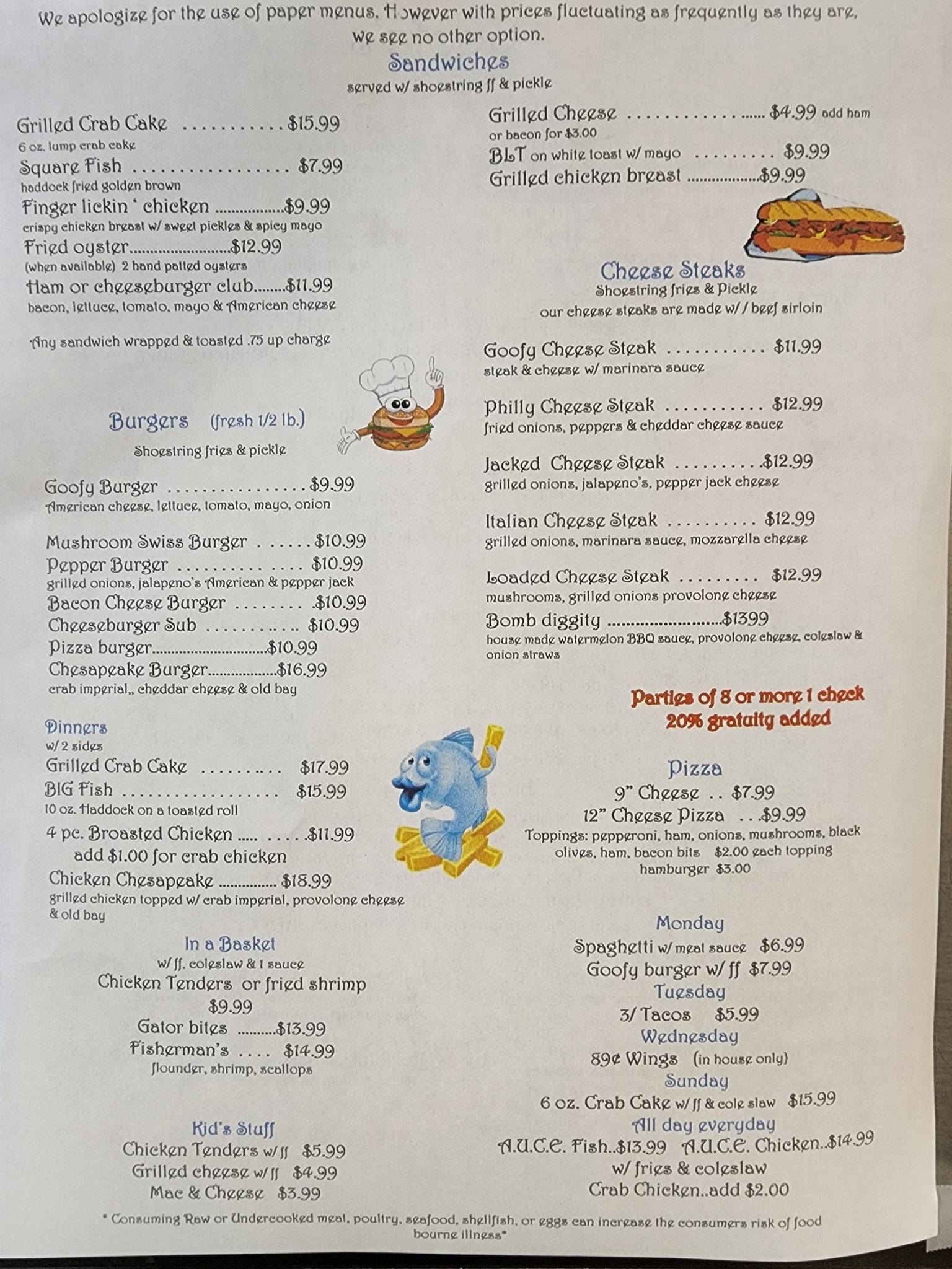 Menu at Goofy's pub & bar, Spring Grove