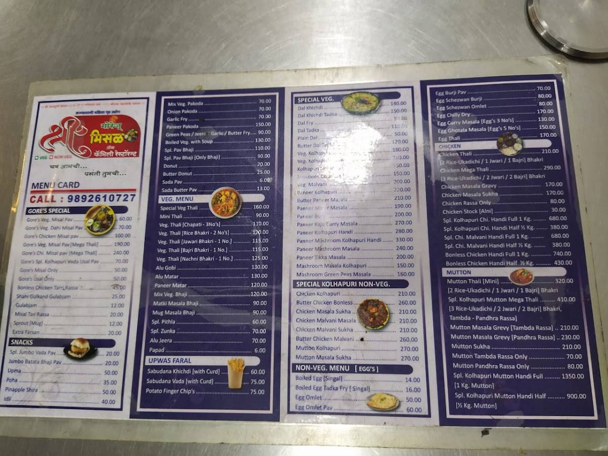 Menu at Gore's Misal & Family Restaurant, Mumbai