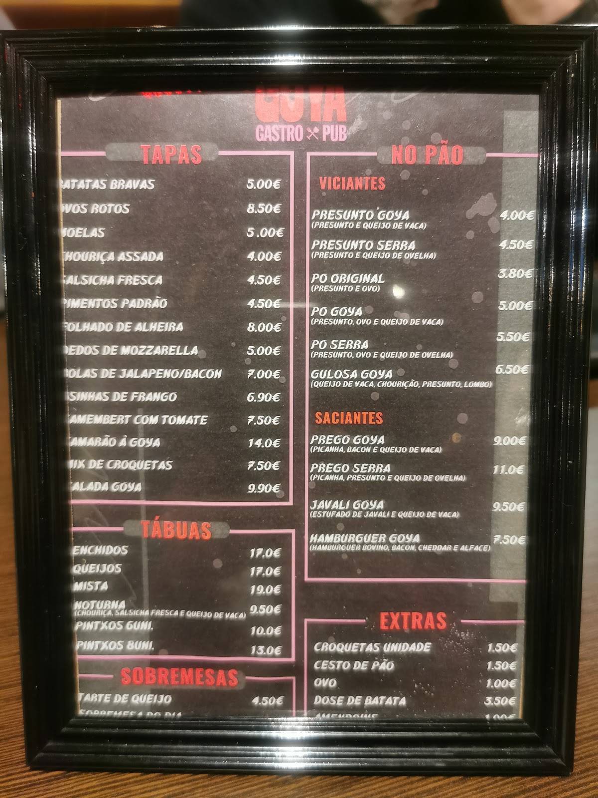 Carta de Goya Gastropub, Vila do Conde