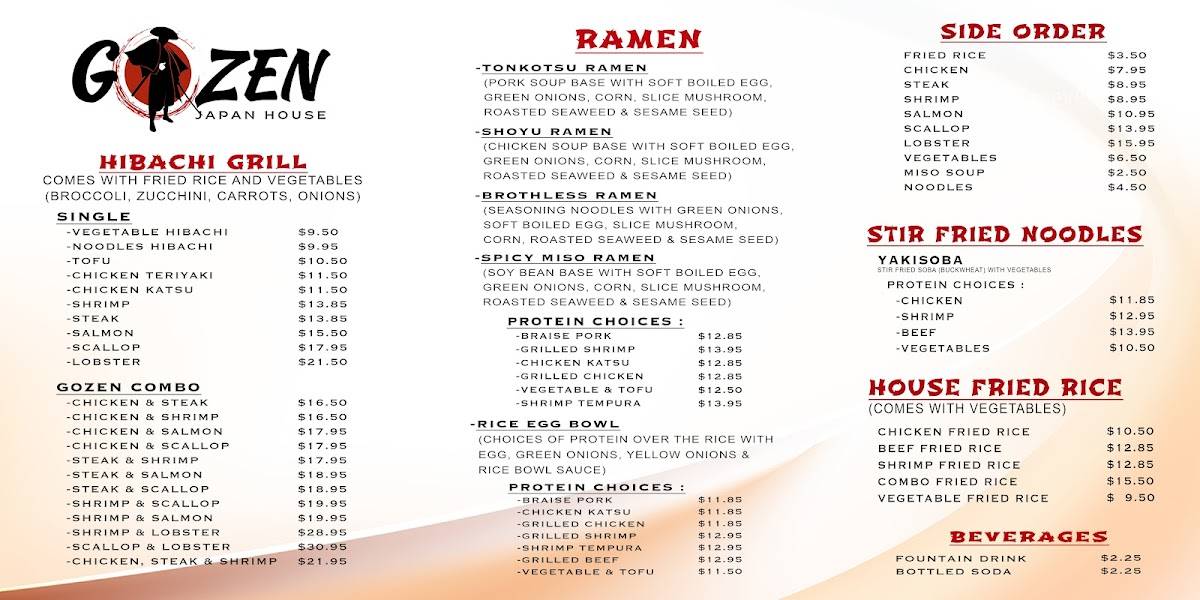 Menu at Gozen Japan House Hot Springs restaurant, Hot Springs