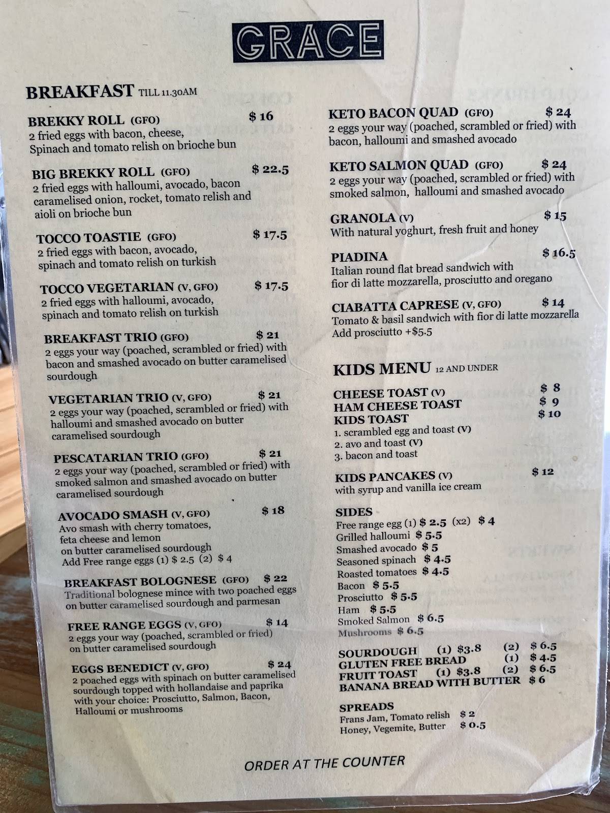 Menu at Grace Cafe, Graceville