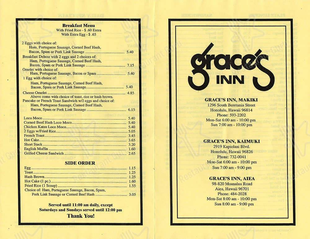 Menu at Grace's Inn fast food, Honolulu, S Beretania St. # 101
