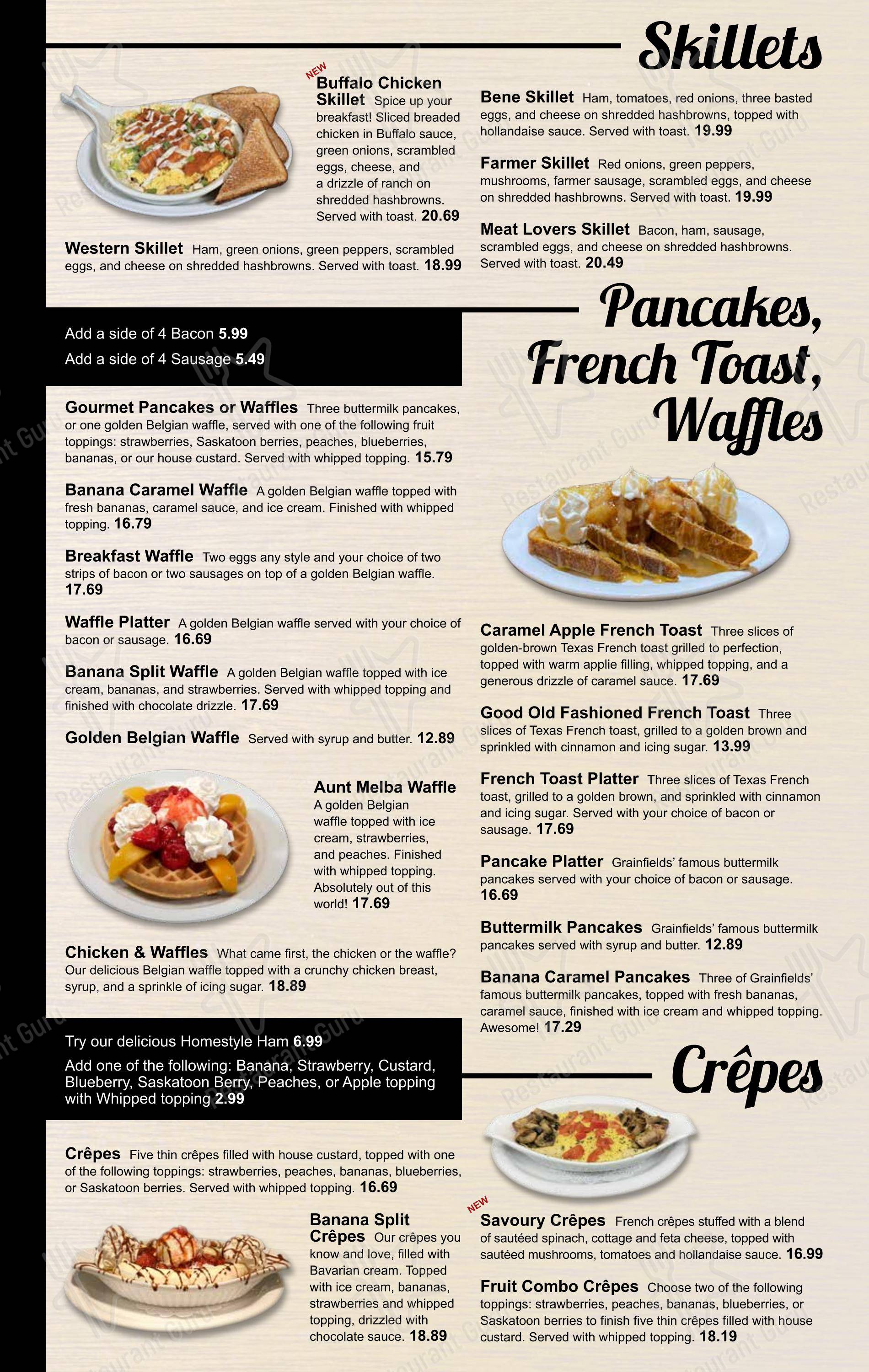 Menu at Grainfields restaurant, Saskatoon, 810 Circle Dr