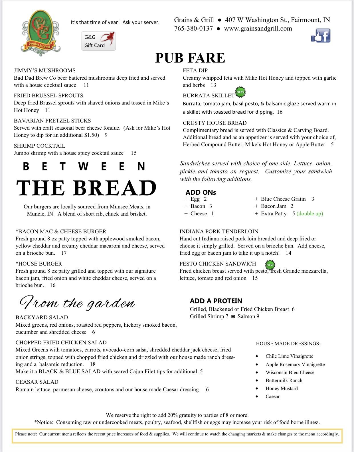 Menu at Grains & Grill steakhouse, Fairmount