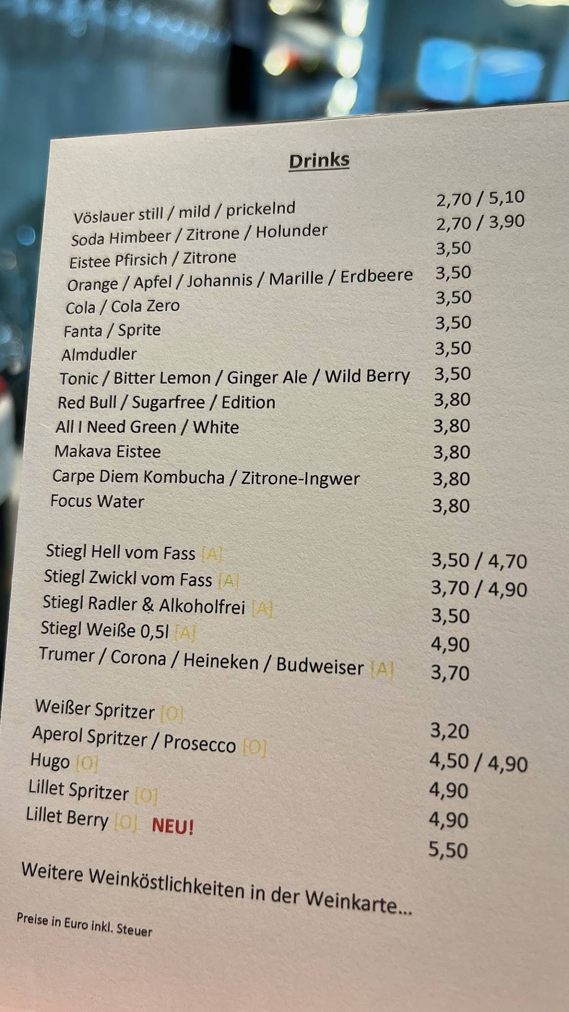 Menu at Grand Bistro, Vienna