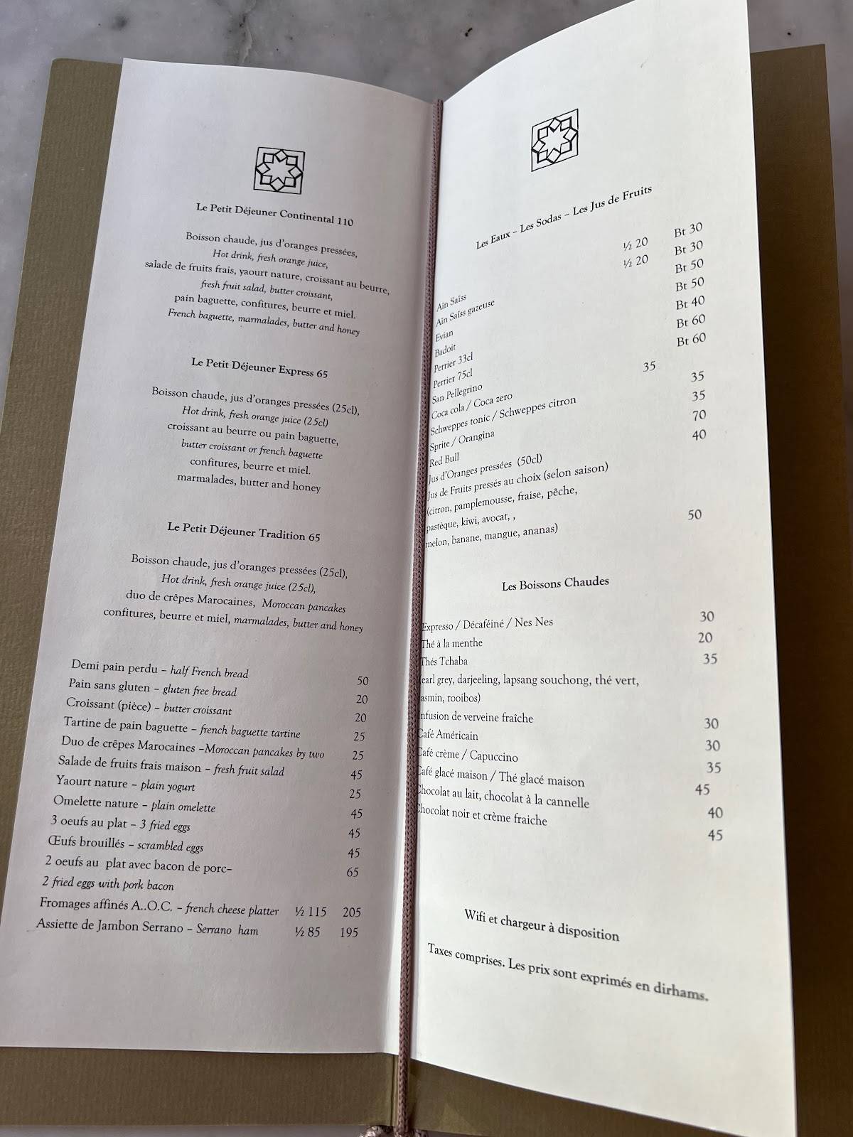 Menu at Grand Café de la Poste restaurant, Marrakesh