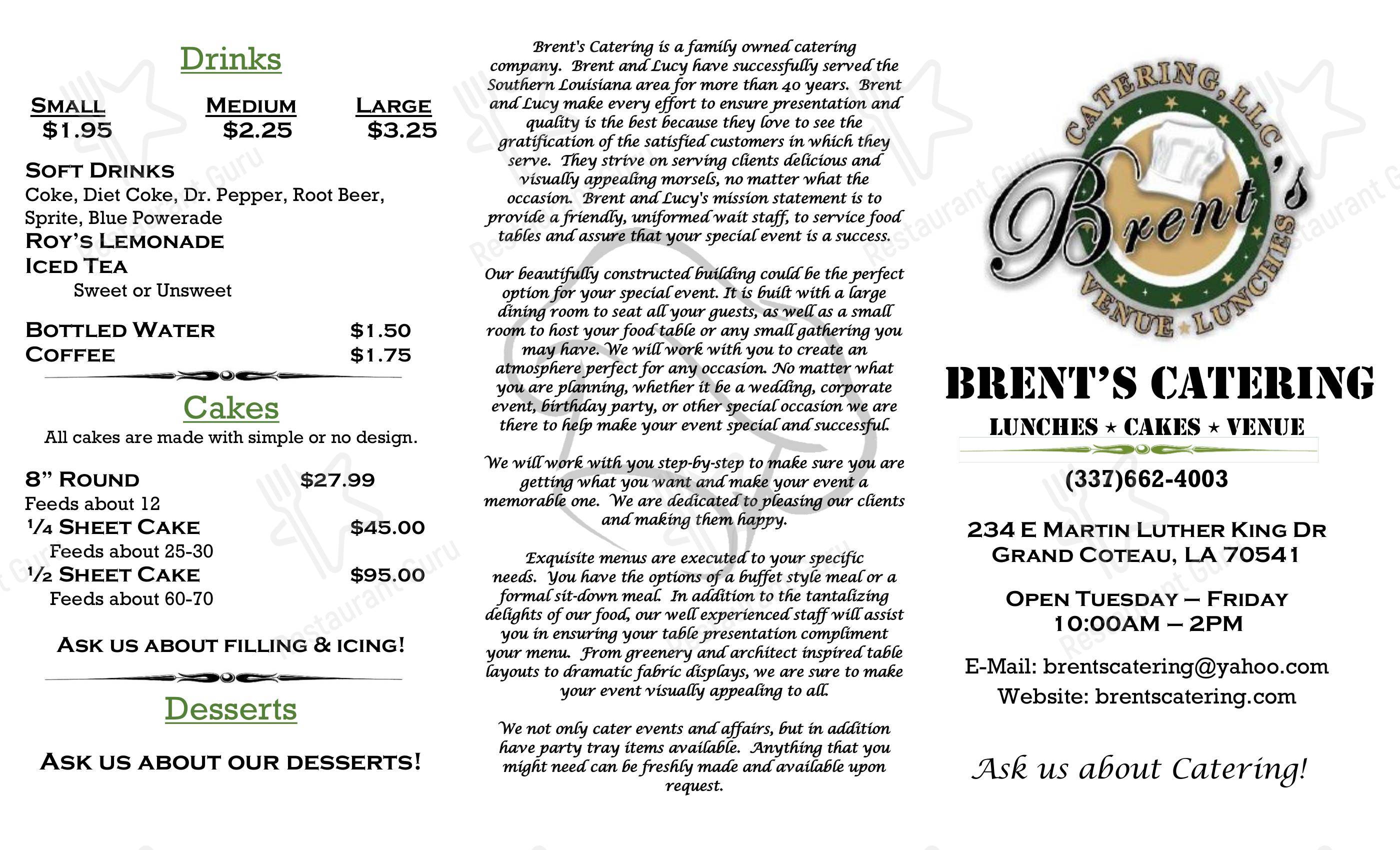 Menu at Brent's Catering (Big Hill Cafe @ Brent's), Grand Coteau