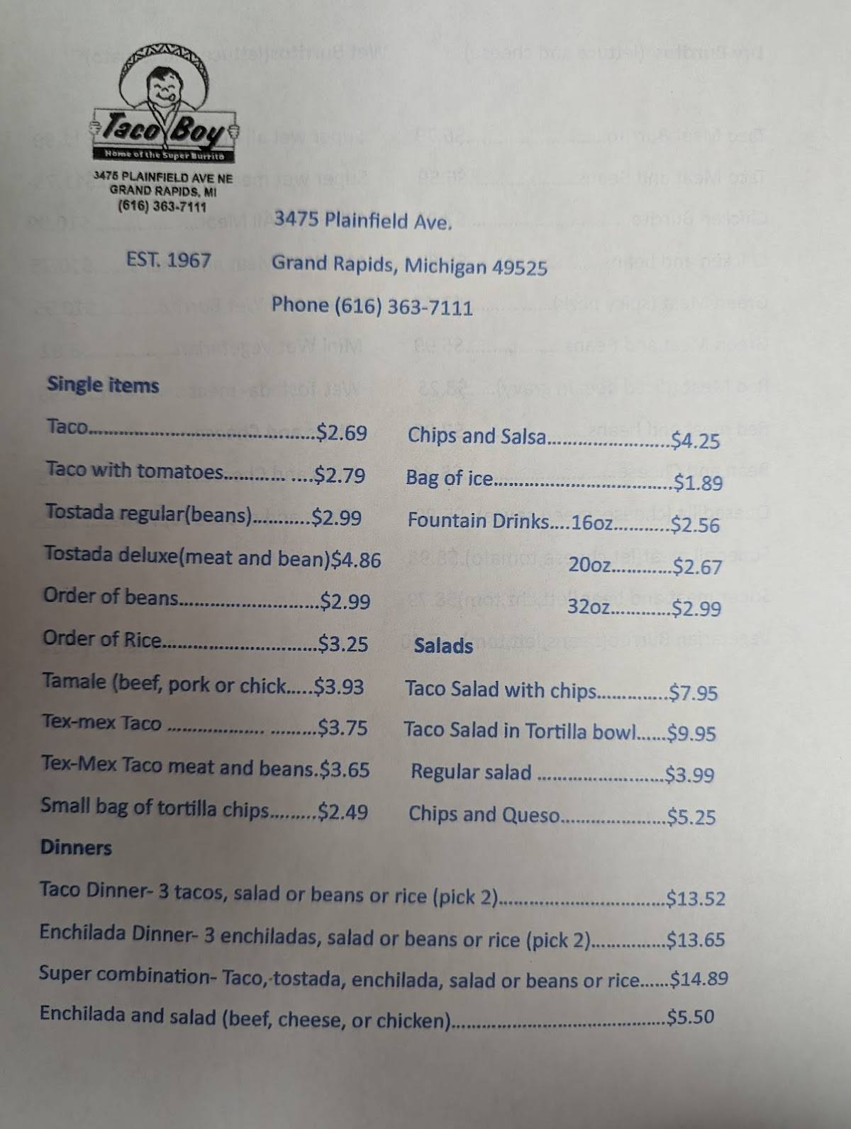Menu at Taco Boy restaurant, Grand Rapids, Plainfield Ave NE