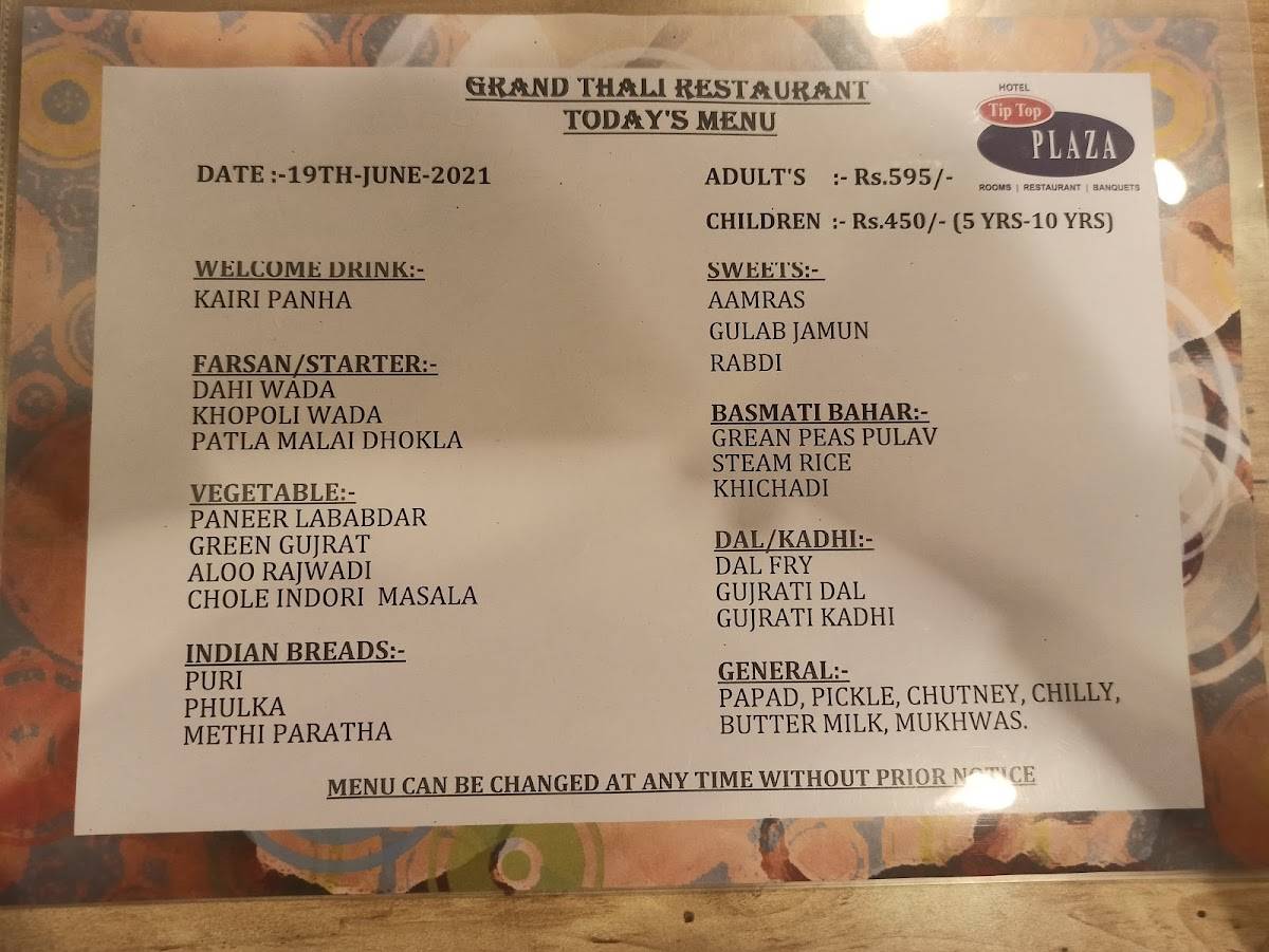 Menu at Grand Thali Restaurant, Thane, Hotel Tip Top Plaza