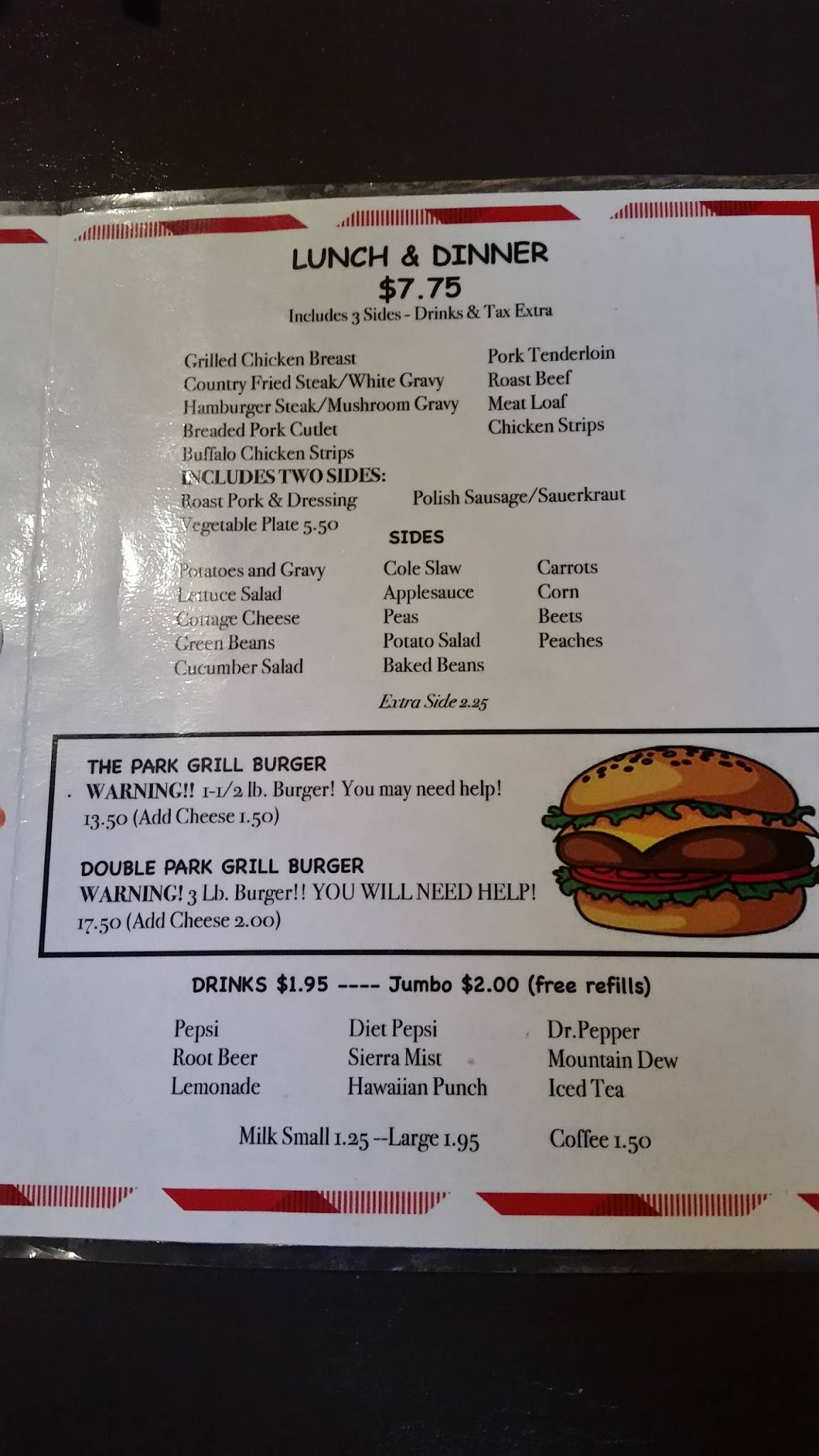 Menu at Park Grill restaurant, Granite City