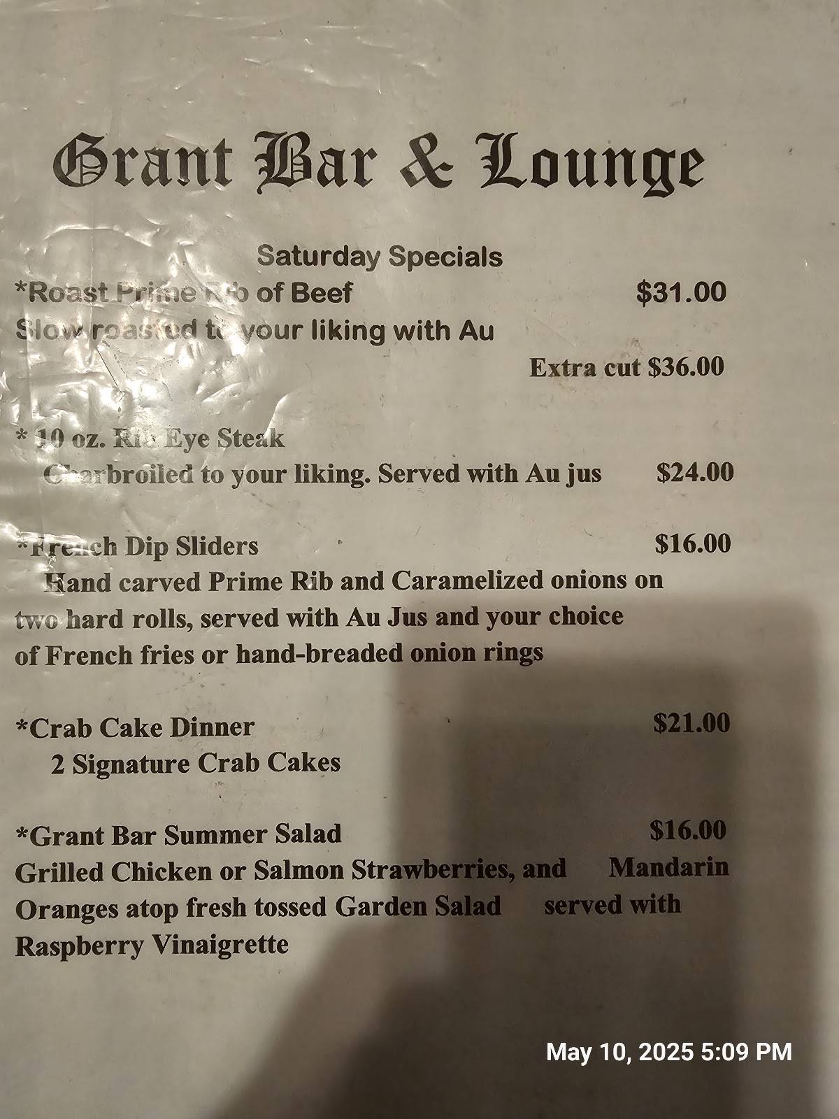 Menu at Grant Bar Inc, Pittsburgh