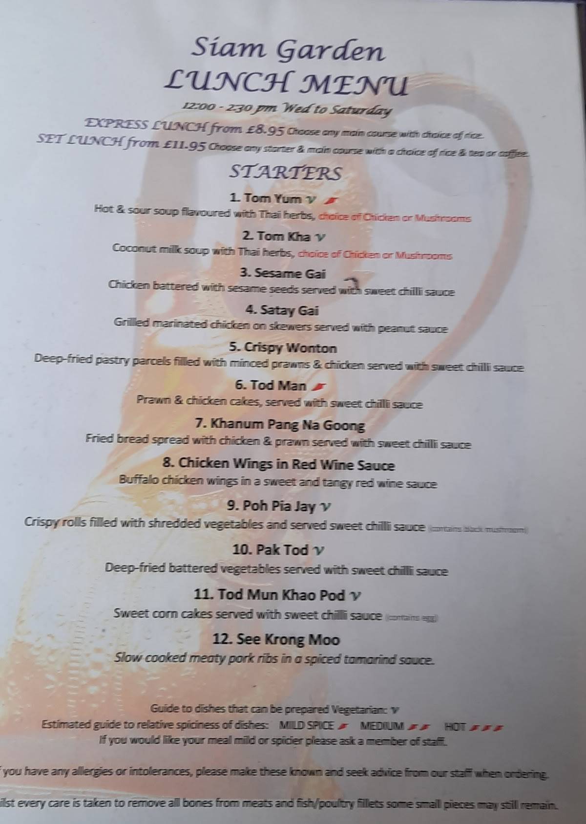 Menu at Siam Garden restaurant, Grantham