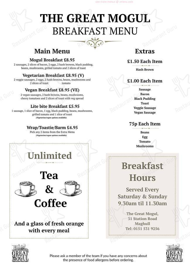 Menu at Great Mogul pub & bar, Maghull, 31 Station Rd