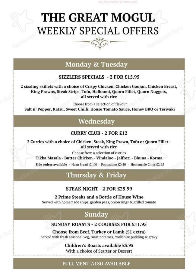 Menu at Great Mogul pub & bar, Maghull, 31 Station Rd