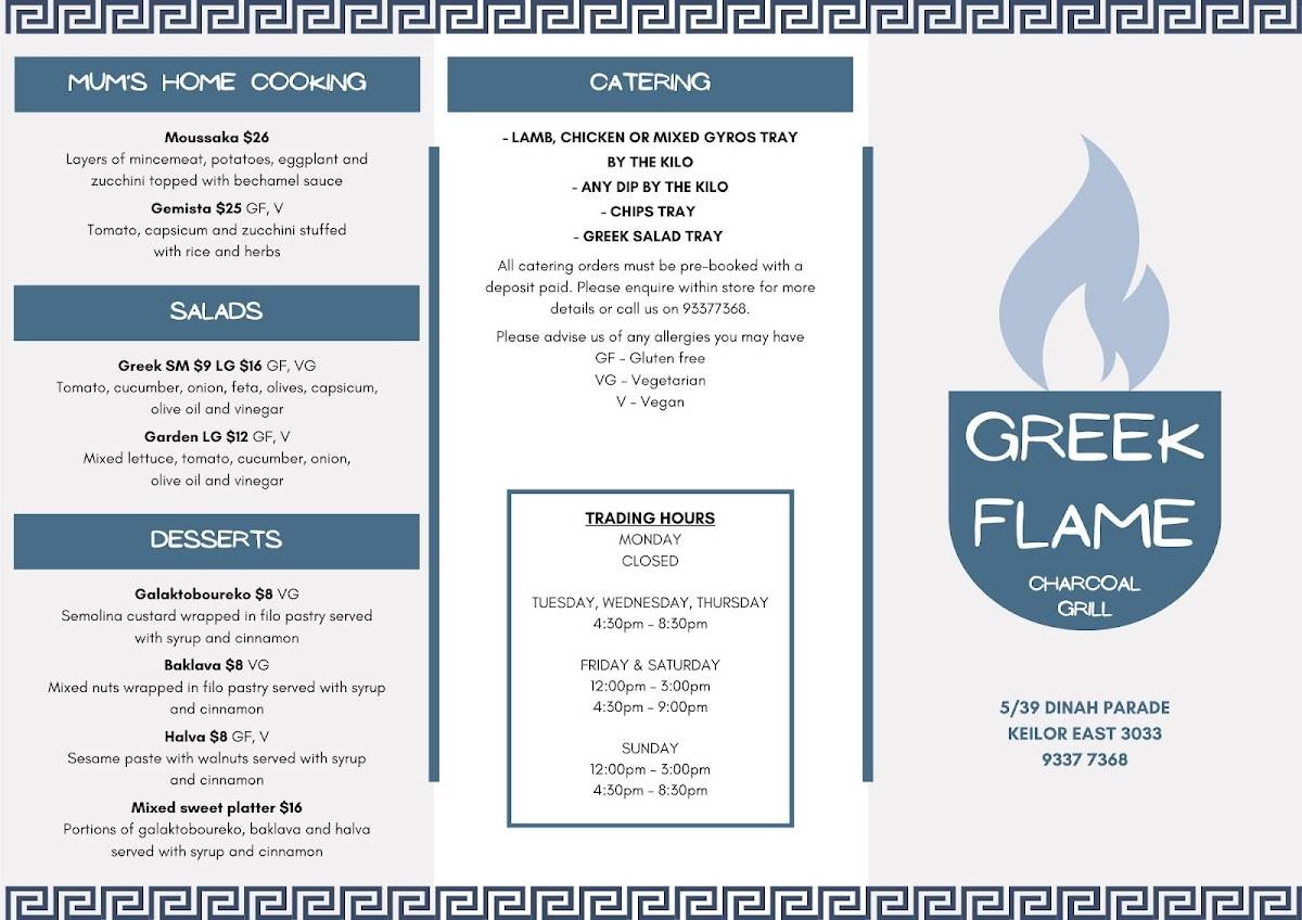 Menu at Greek Flame - Charcoal Grill restaurant, Keilor East