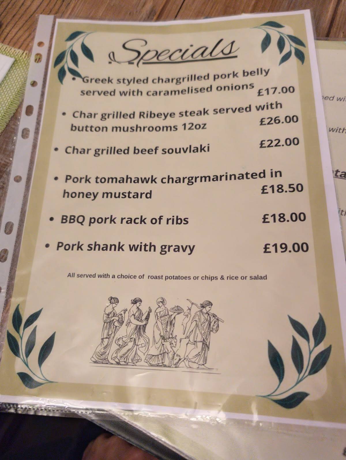 Menu at Greek Olive restaurant, Swindon