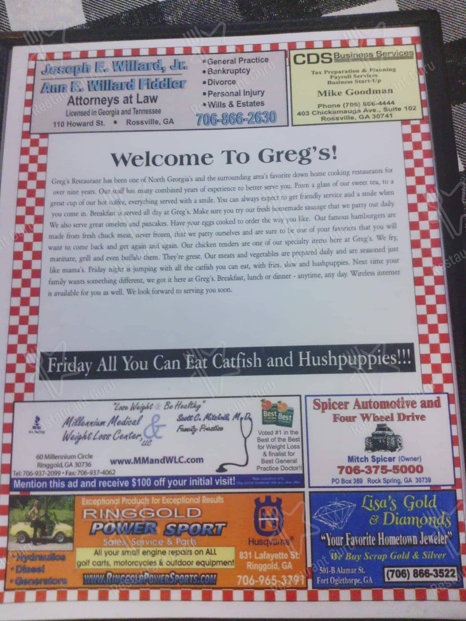 Menu at Greg's Restaurant, Chickamauga