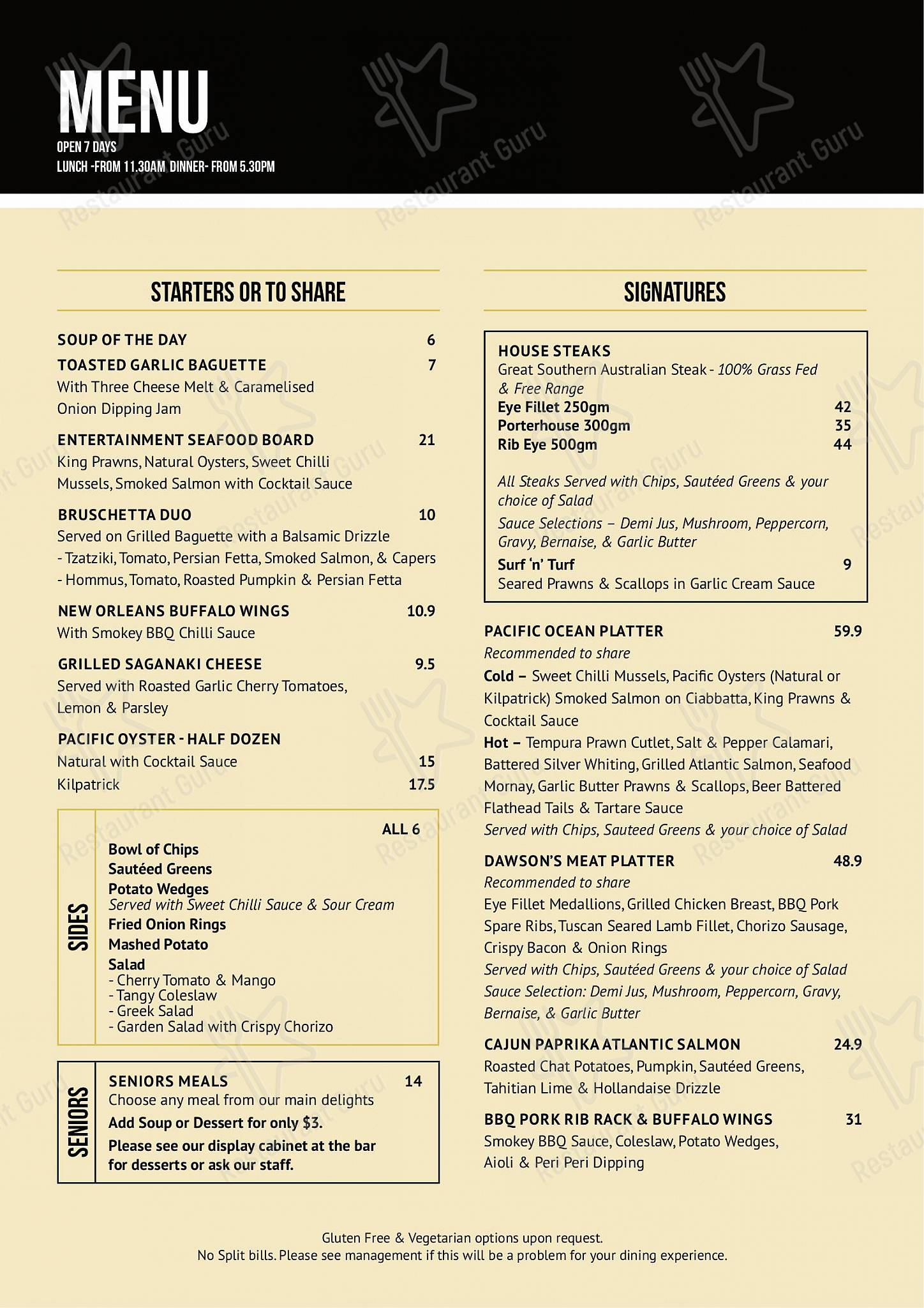 Menu at Greyhounds Entertainment restaurant, Springvale