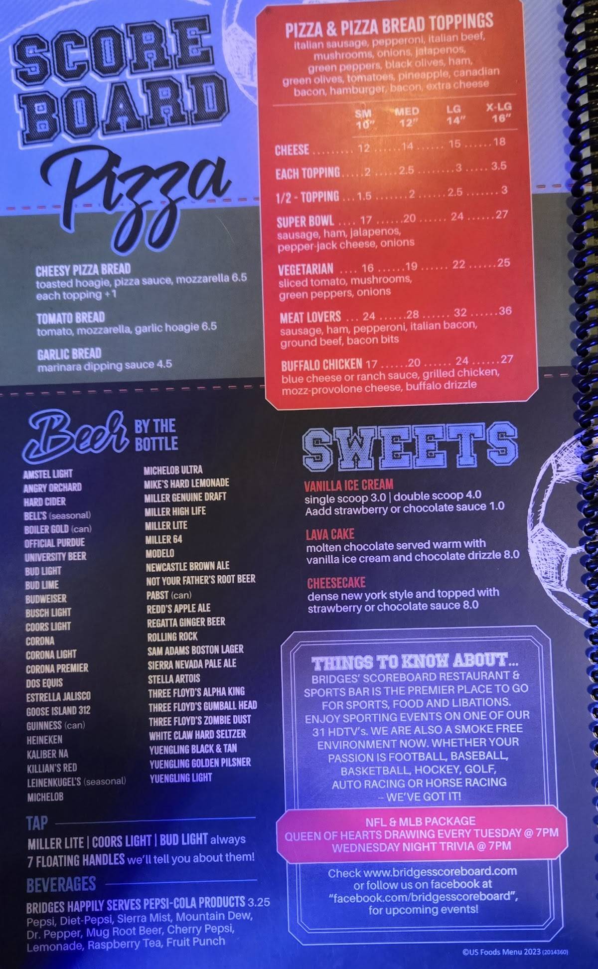 Menu at Bridges Scoreboard Restaurant, Griffith