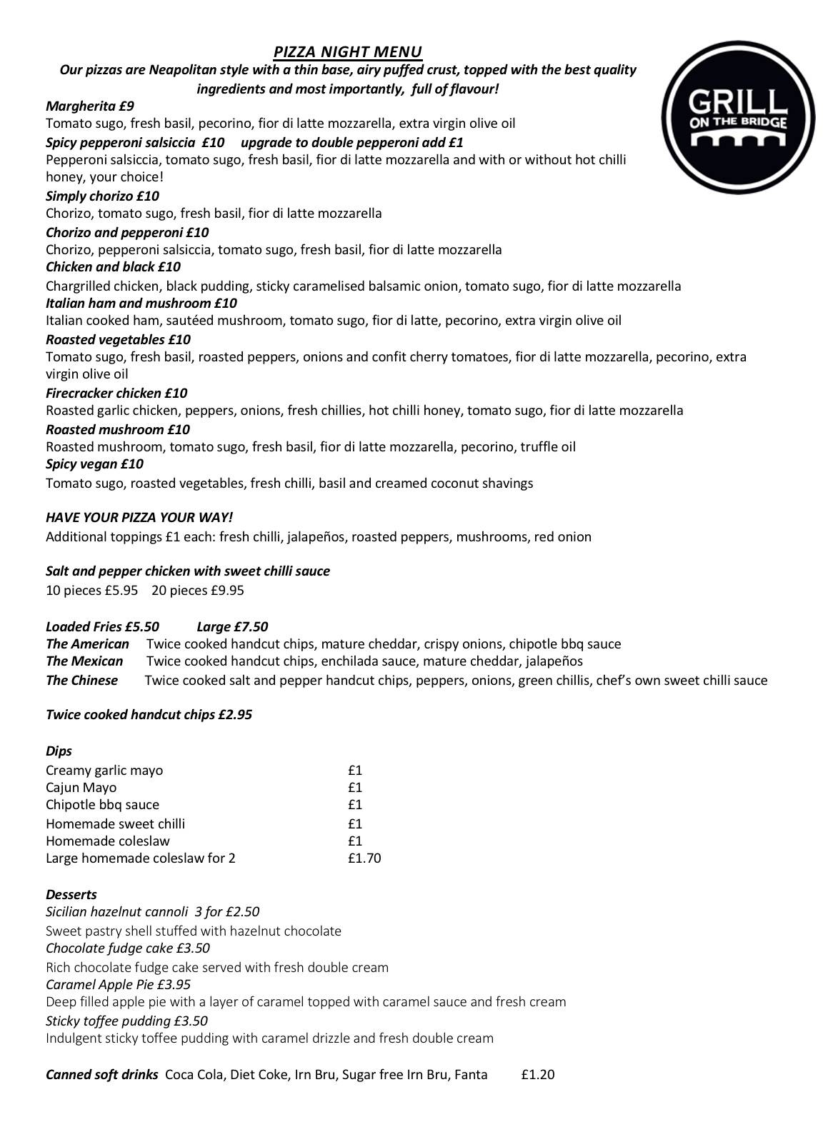 Menu at Grill on the Bridge steakhouse, Dumbarton
